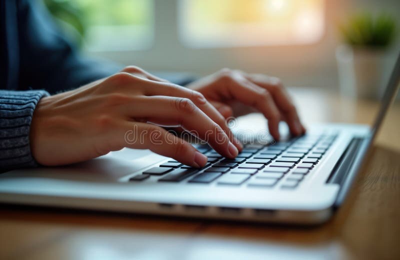 Close-up Hands Type on Laptop Keyboard. Person Work on Tech Device ...