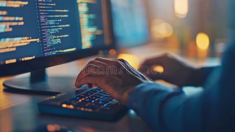 Close-up of Hands Typing on a Backlit Keyboard with Programming Code on the Screen. Software ...