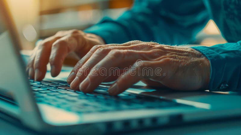 Close-up of Hands Typing on a Backlit Laptop Keyboard in a Dimly Lit ...