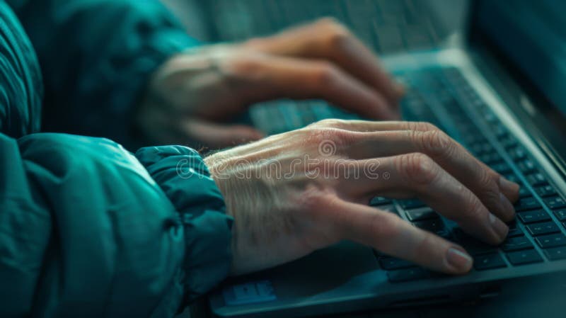 Close-up of Hands Typing on a Backlit Laptop Keyboard in a Dimly Lit ...