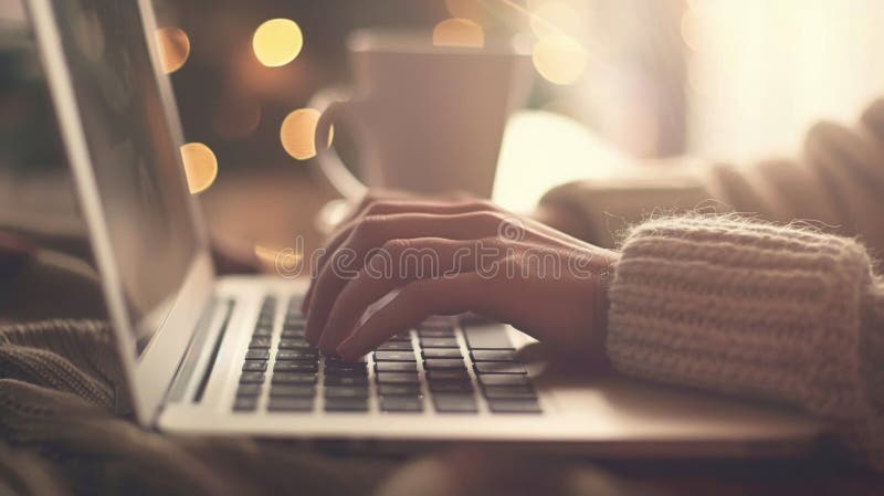 Close-up of Hands Typing on a Backlit Laptop Keyboard in a Dimly Lit ...