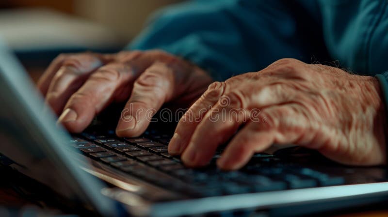 Close-up of Hands Typing on a Backlit Laptop Keyboard in a Dimly Lit ...