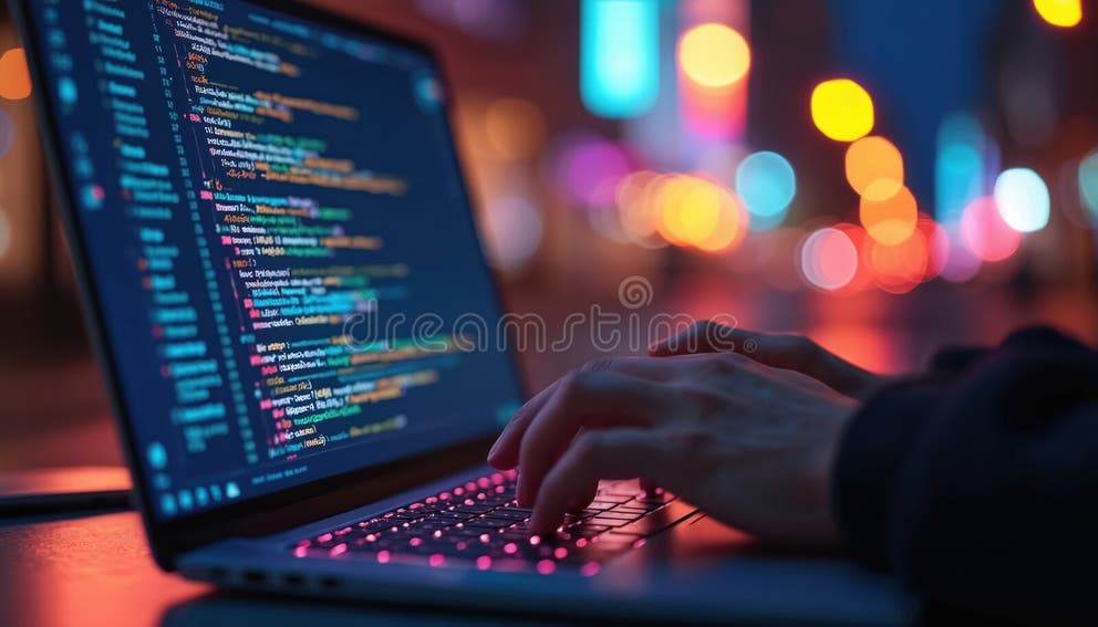Close-up of Hands Typing Code on Laptop with Bokeh Lights. Developer ...