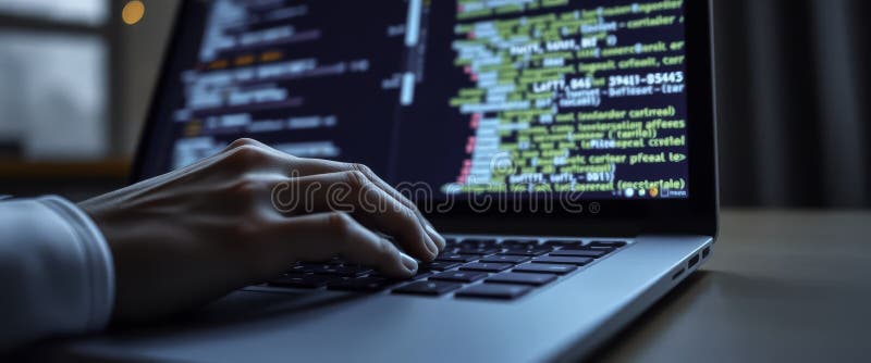 Close Up of Hands Typing Code on a Laptop, Digital Marketing Data on Screen, Job, Technology ...