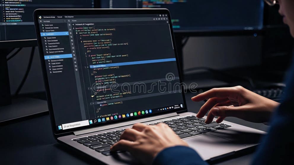 Close-up of Hands Typing Code on a Laptop Keyboard, Working on a Javascript Project in a Dark ...