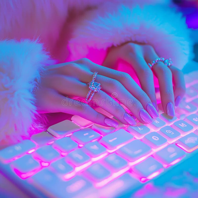 Close-up of Hands Typing on a Colorful Illuminated Keyboard, Displaying ...