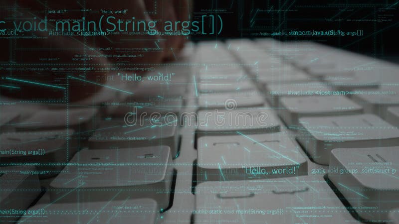 Close-up of Hands Typing on a Computer Keyboard with Code and Digital Elements for Programming ...