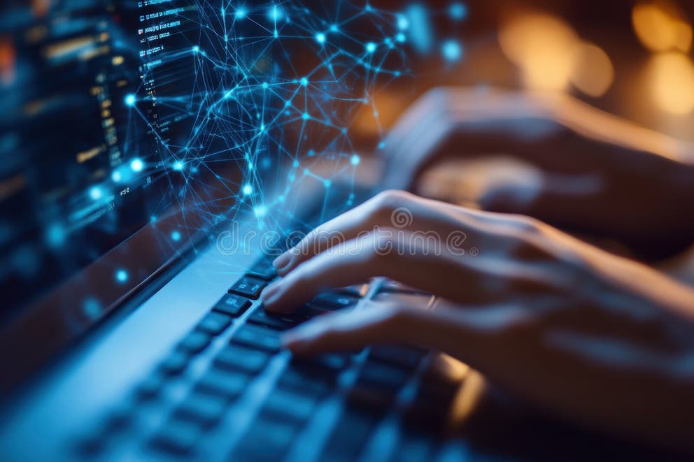 Close-up of Hands Typing on a Computer Keyboard with a Futuristic ...