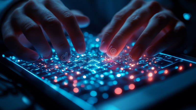 Close-up of Hands Typing on a Glowing Keyboard Stock Illustration ...