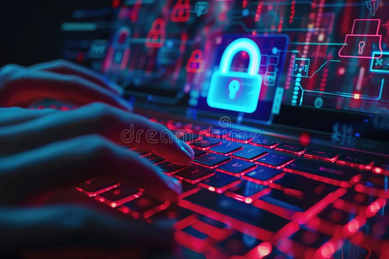 Close-up of Hands Typing on an Illuminated Keyboard with Digital Locks ...