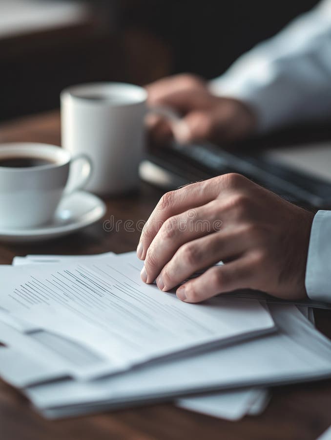 Close-up of Hands Typing on Keyboard with Coffee and Documents in a ...