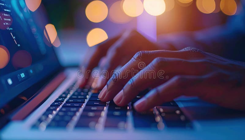 Close-up of Hands Typing on a Keyboard with Colorful Blurred Laptop ...