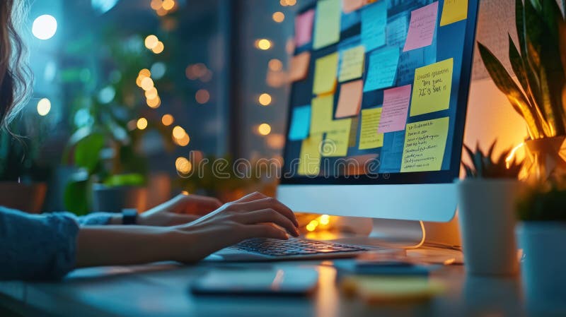 Close Up of Hands Typing on Keyboard with Colorful Sticky Notes on ...
