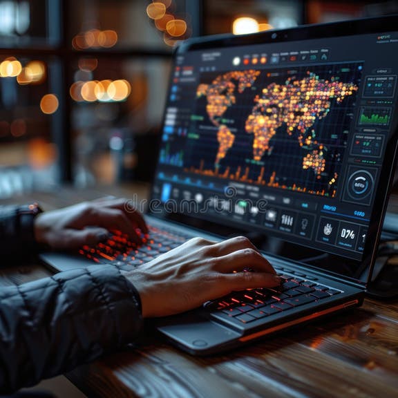 Close-up of Hands Typing on a Keyboard with Digital Graphics ...