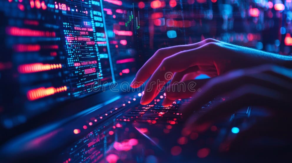 Hands Typing on a Keyboard with Glowing Red and Blue Code on the Screen Stock Photo - Image of ...
