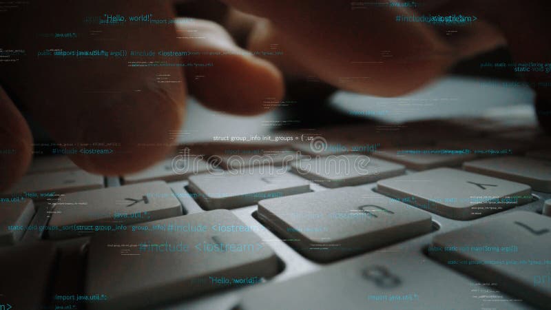 Close-up of Hands Typing on Keyboard with Overlay of Code and Digital Data, Representing ...