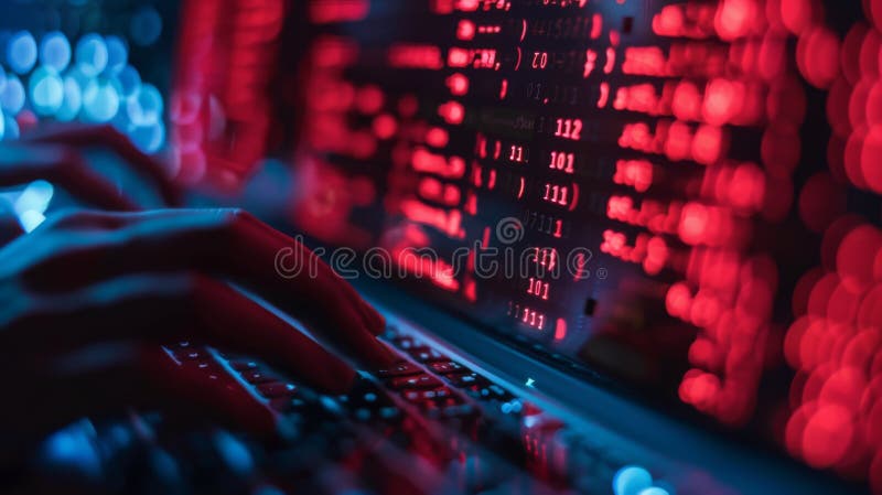 Close-Up of Hands Typing on Keyboard with Red and Blue Neon Lights ...