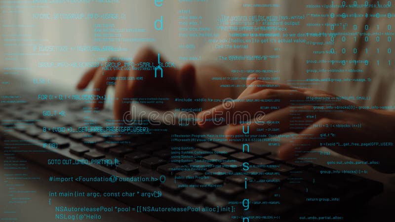 Close-up of Hands Typing on Keyboard Surrounded by Abstract Computer Code and Data Streams ...