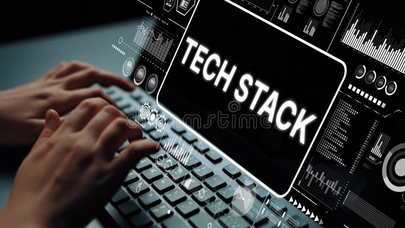 Close-Up of Hands Typing on Keyboard with Tech Stack Data Visualization on Screen. Asymptotic ...
