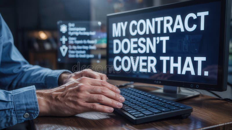 Close-up of Hands Typing on Keyboard with Text "MY CONTRACT DOESN T ...