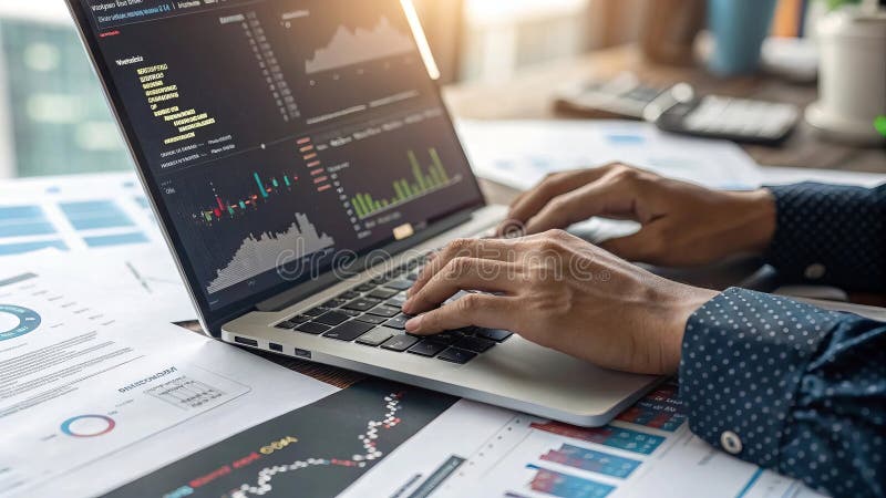Close Up of Hands Typing on Laptop, Analyzing Financial Data and Charts ...