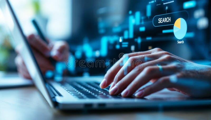 Close-Up of Hands Typing on Laptop with Blue Tech Glow Cybersecurity ...
