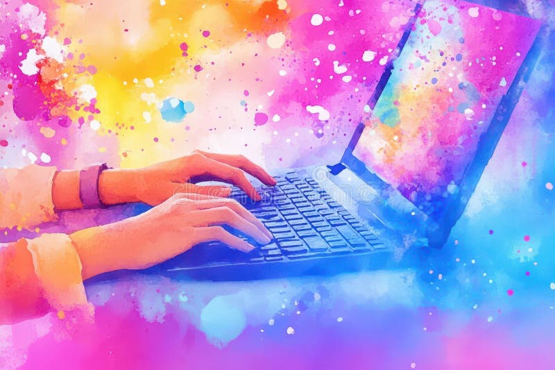 Close-up of Hands Typing on a Laptop, with a Colorful Abstract ...