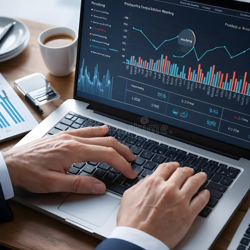 A Close-up of Hands Typing on a Laptop, with Data Charts, Graphs ...