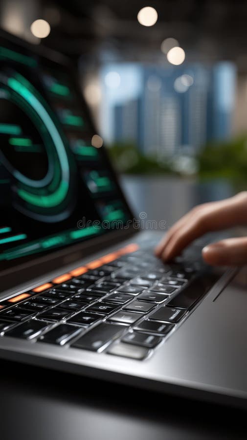 Close-up of Hands Typing on Laptop with Digital Dashboard Interface for ...