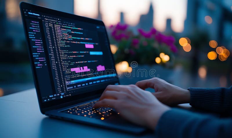 Closeup of Hands Typing on a Laptop Displaying Code the Scene is Set Against a Blurred Urban ...