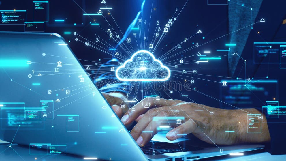 Close-up of Hands Typing on a Laptop with a Glowing Cloud Icon and ...