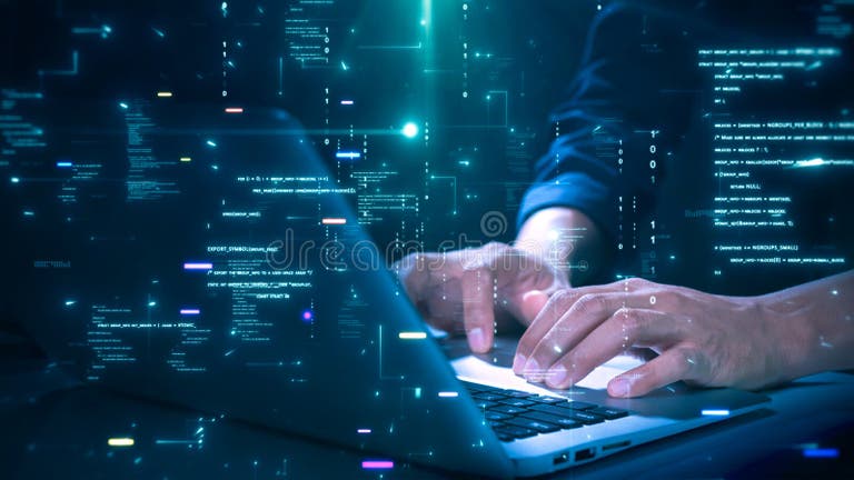 Close-up of Hands Typing on a Laptop with Glowing Programming Code and ...
