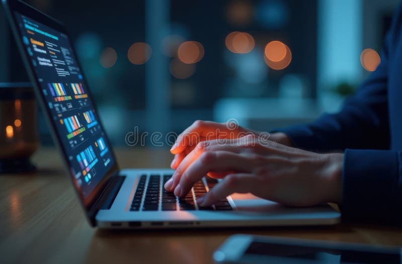 Close Up of Hands Typing on Laptop. Glowing Symbols of Technology and ...