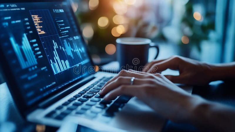 Close-Up of Hands Typing on Laptop Keyboard with Data Display Stock ...