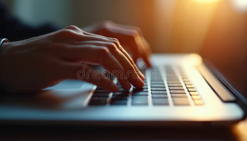 Close-up Hands Typing on Laptop Keyboard in Dim Light. Finger Presses ...