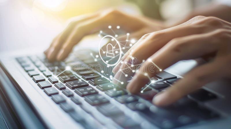 Hands Typing on Laptop Keyboard with Digital Interface for Modern ...