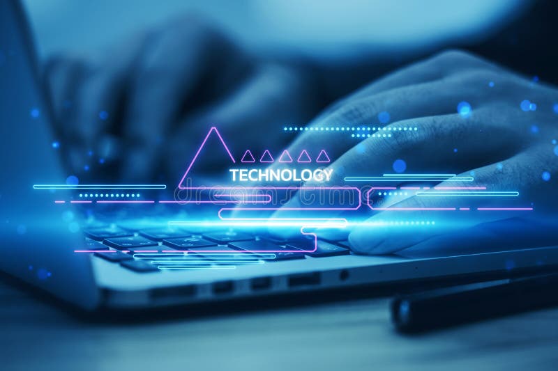 Close-up of Hands Typing on a Laptop Keyboard with Holographic ...