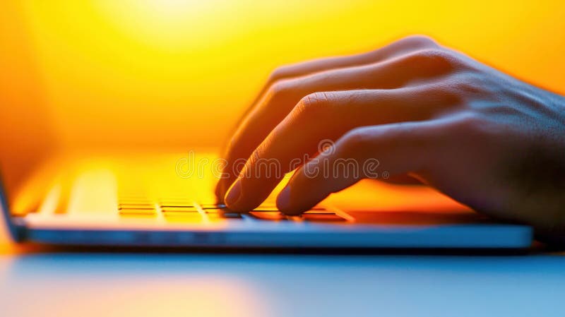 Close-Up of Hands Typing on Laptop Keyboard with Warm Light Background ...