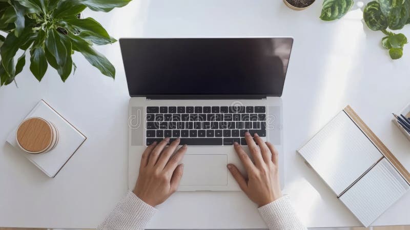 Close-up of Hands Typing on a Laptop with a Notebook and Plant in the ...