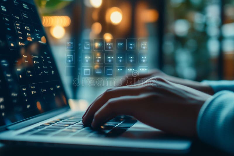 Close Up of Hands Typing on a Laptop with Password Fields in a Bright ...