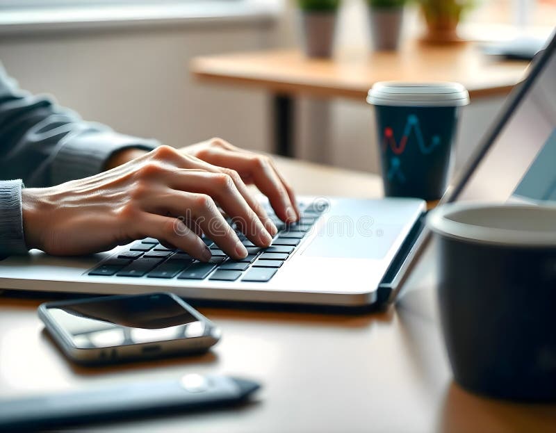 Close-Up of Hands Typing on Laptop with Smartphone and Coffee Stock ...