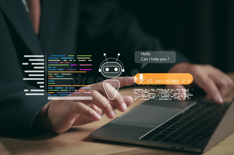 Close-up of Hands Typing on Laptop with Virtual AI Assistant, Chatbot ...