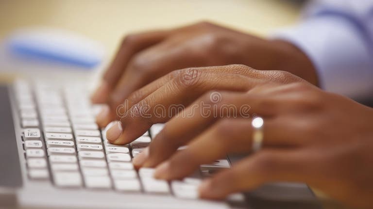 Close-up of Hands Typing on White Computer Keyboard in Office Setting ...