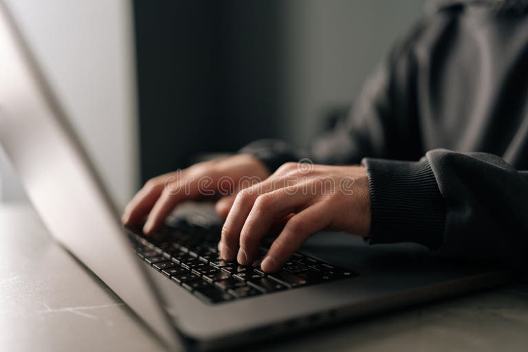 Close-up Hands of Unrecognizable Programmer Male Typing on Laptop Keyboard, Immersed in Software ...
