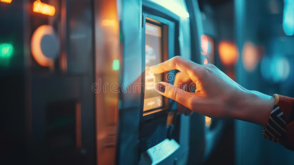 Close-up of Hands Using an ATM with Advanced Security Stock ...