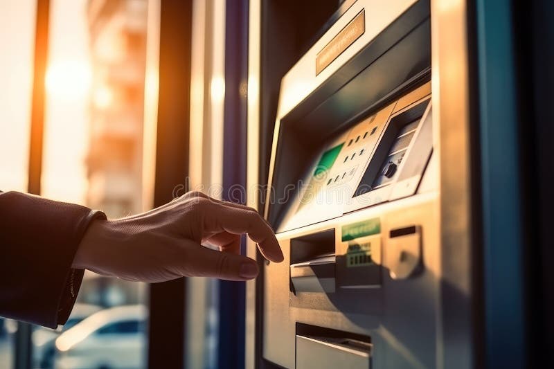 Close Up Hands Using an ATM Machine on a Sunny Day Stock Illustration ...
