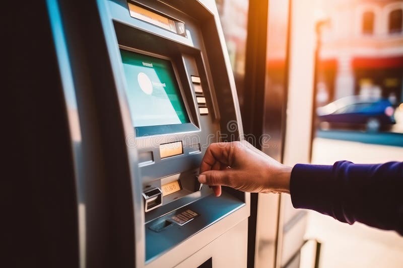 Close Up Hands Using an ATM Machine on a Sunny Day Stock Illustration ...