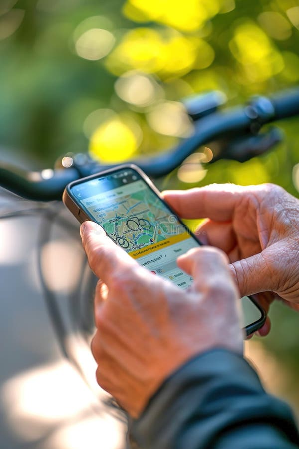 A Close-up of Hands Using a Bike-sharing App with Map on a Smartphone ...