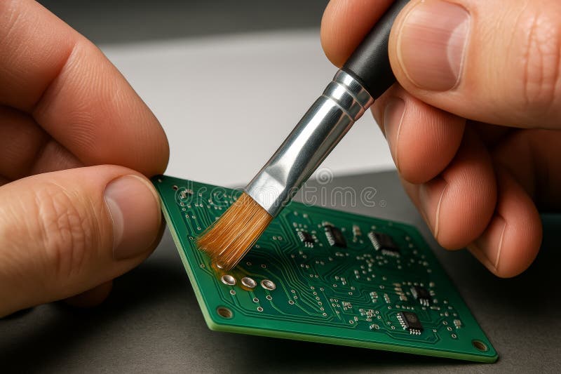 Close-up of Hands Using a Brush To Clean a Green Printed Circuit Board. Stock Image - Image of ...
