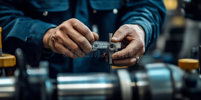 Metalworker Measuring Small Metal Part with Caliper in Workshop Stock ...